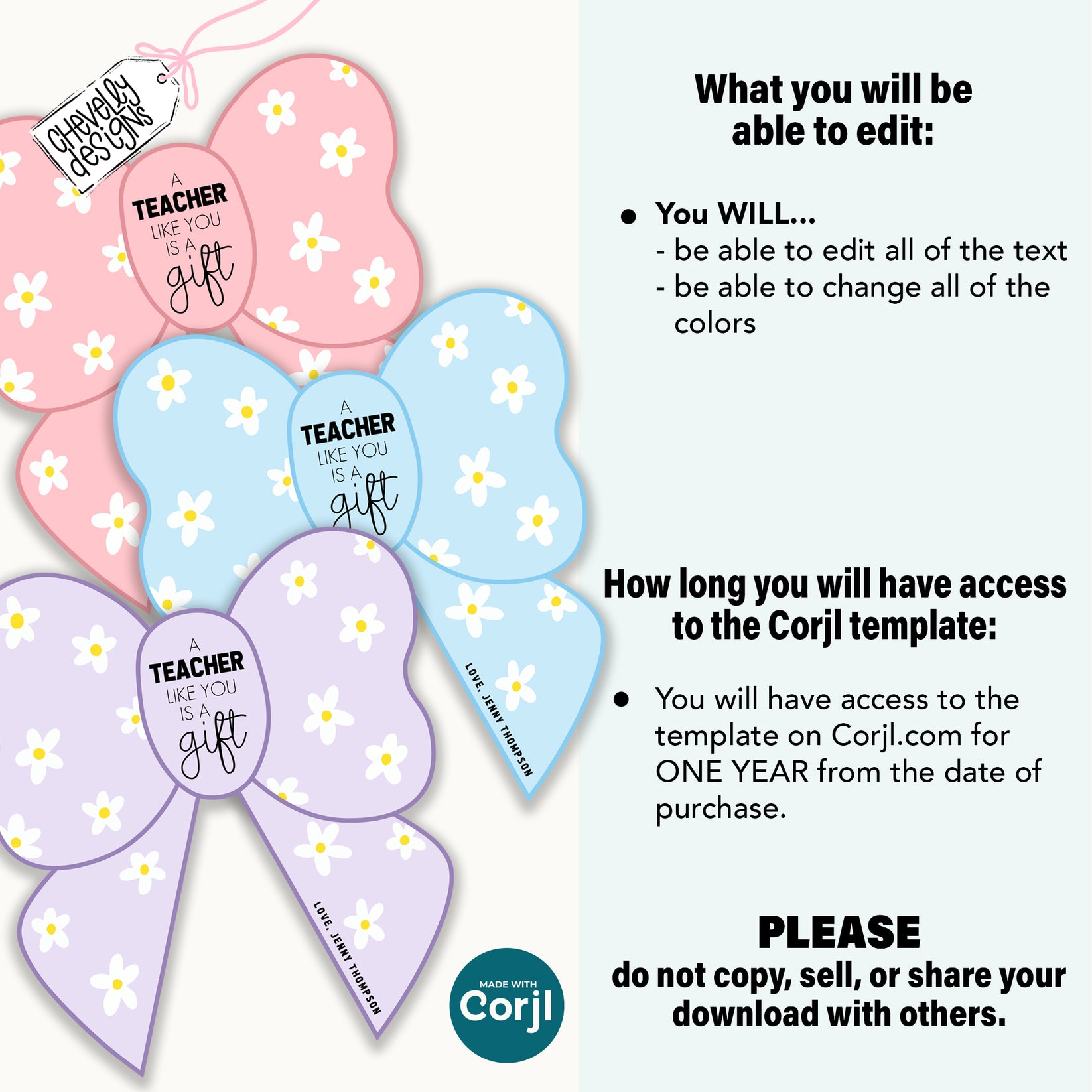 Editable, Printable Teacher Appreciation Bow Gift Tag or Gift Card Hol ...