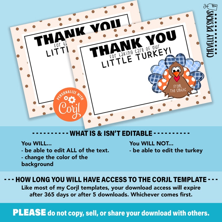 EDITABLE - Thanks for Taking Care of Our Little Turkey - 5x7 Thanksgiv ...