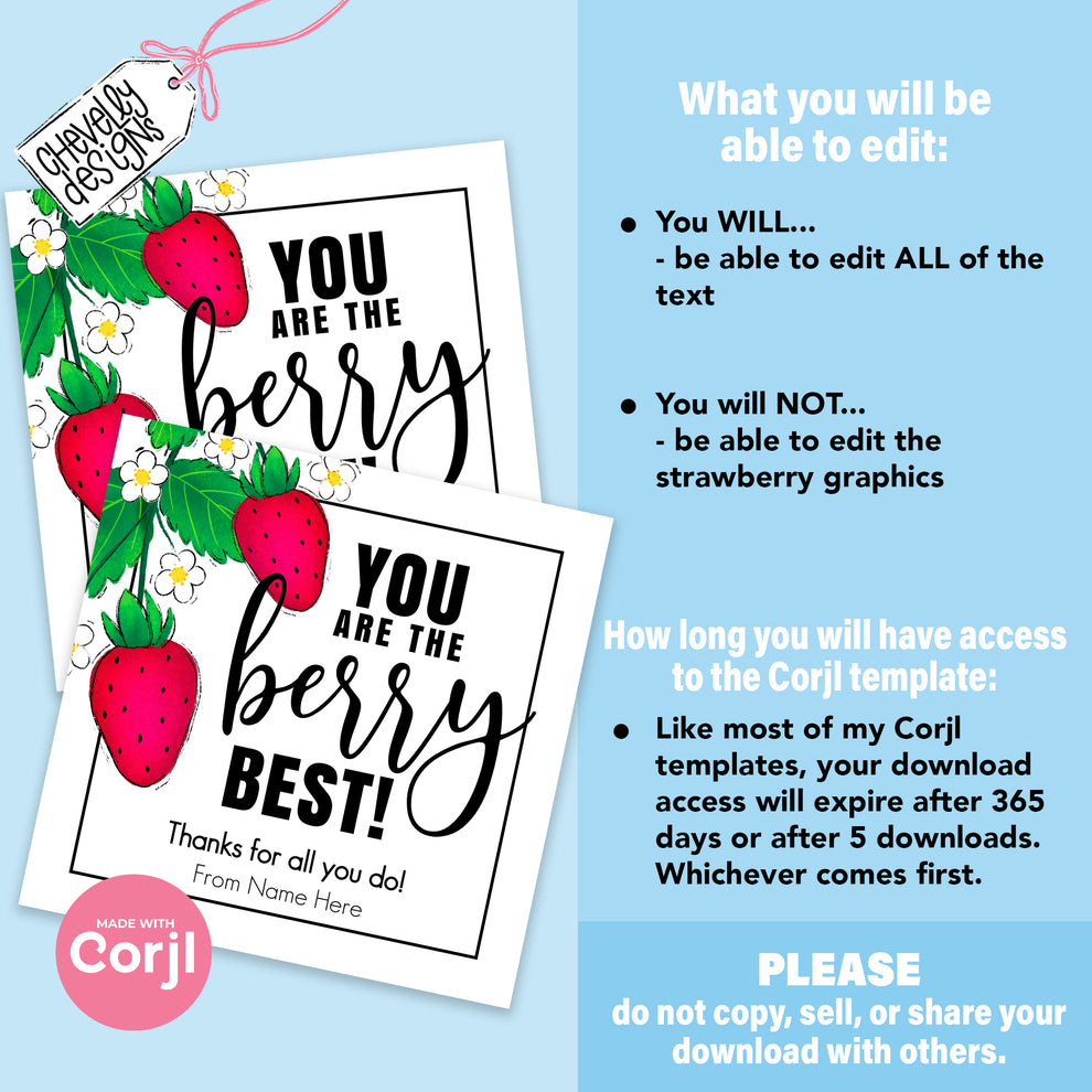 EDITABLE - You are the Berry Best - Strawberry Appreciation Gift Tag ...