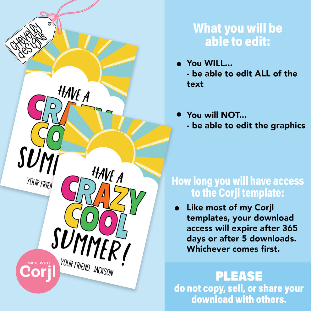 Editable End of School Student Gift Tags - Have a Crazy Cool Summer ...