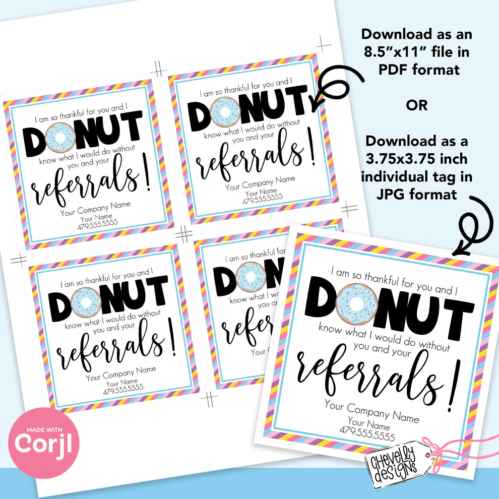 Editable Donut Referral Gift Tag - Thankful For Your Referrals, Printa ...