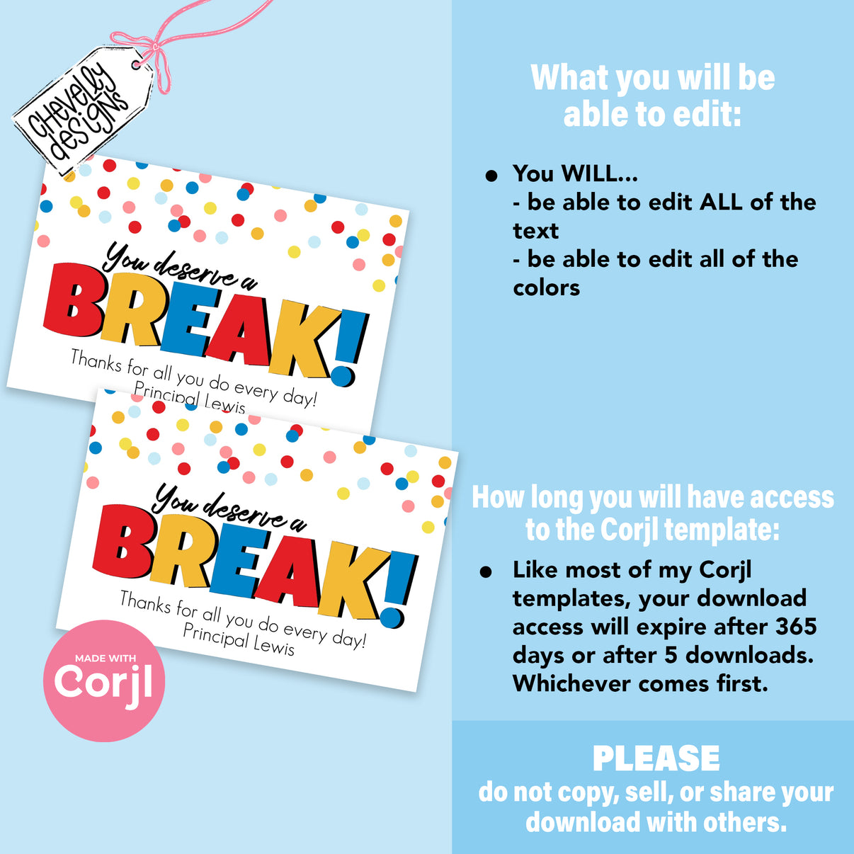 Editable Appreciation Gift Tags - You Deserve a Break - Printable Digi ...
