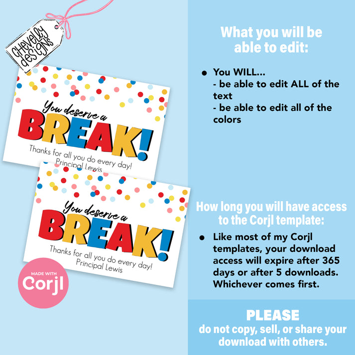 Editable Appreciation Gift Tags - You Deserve a Break - Printable Digi ...