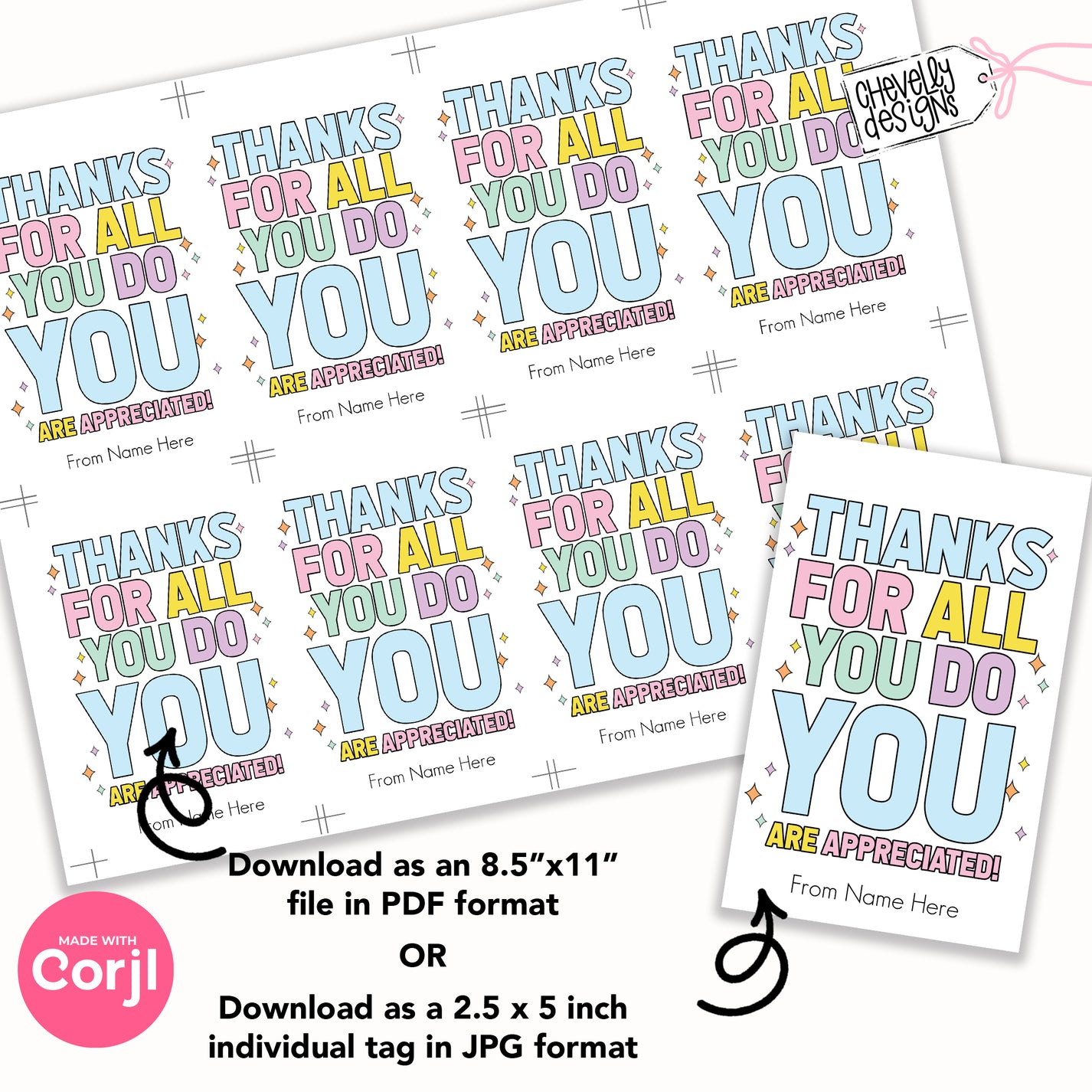 Editable Printable Appreciation Gift Tags, Thanks For All You Do, Digi ...