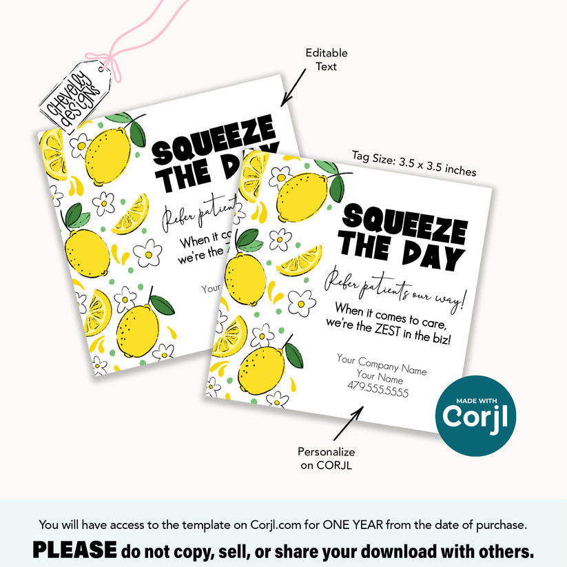 EDITABLE - Printable Referral Gift Tags, Squeeze the Day, Lemon, Marke ...