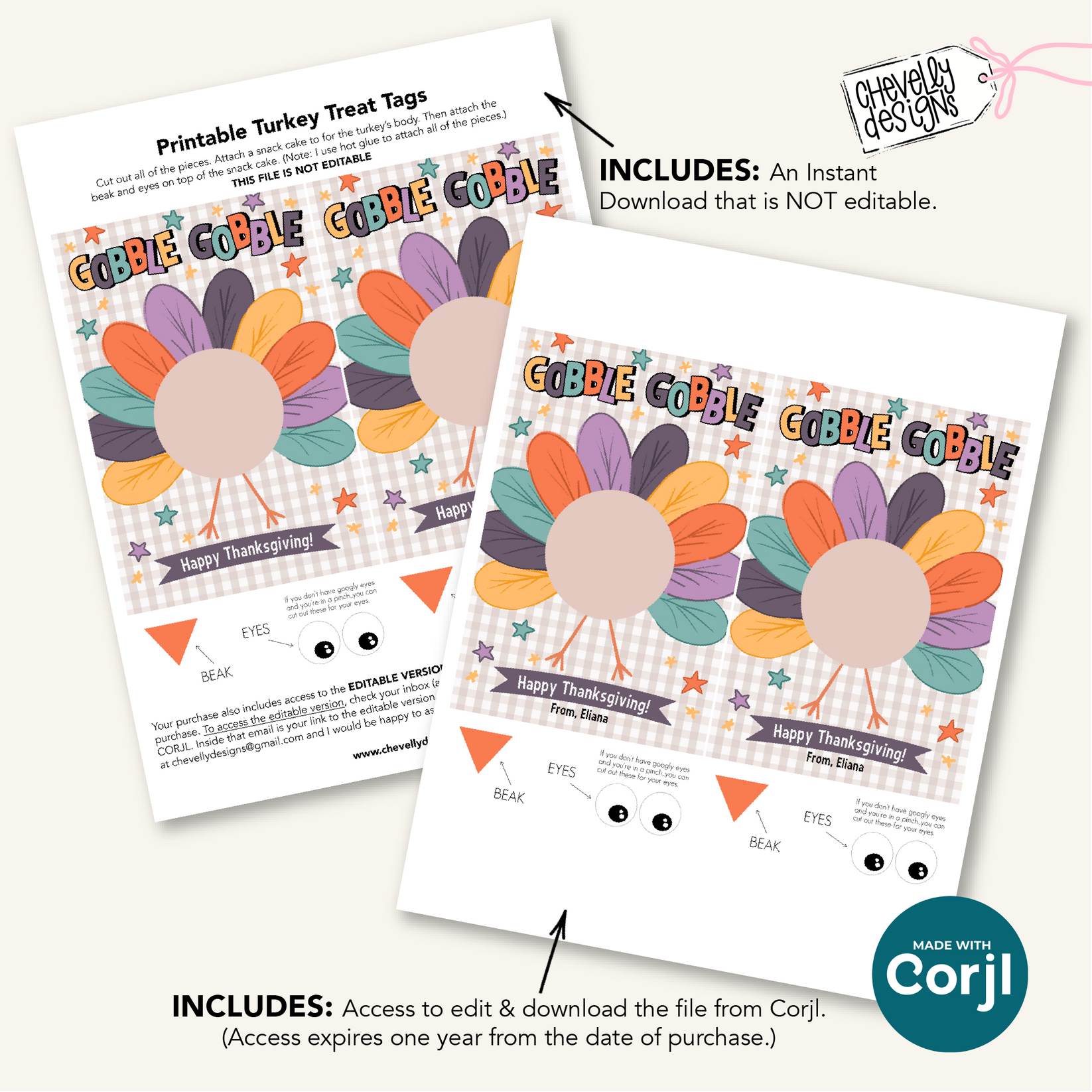 Editable Thanksgiving Treat Cards: Gobble Gobble Snack Cake Turkey Pri ...