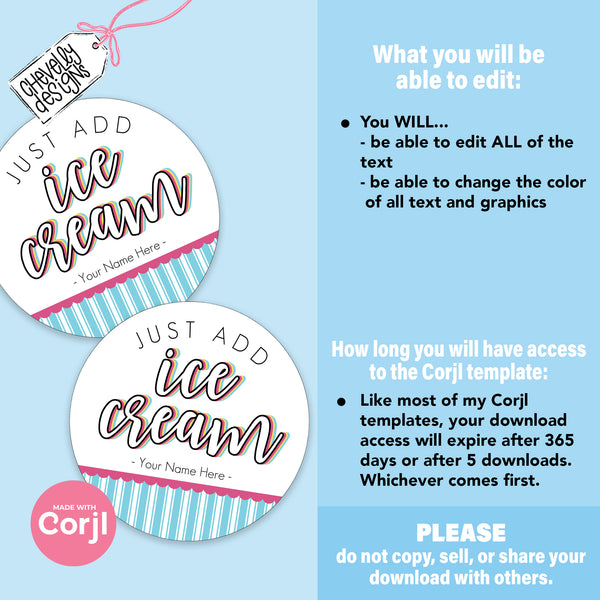 EDITABLE - Just Add Ice Cream - Circle Gift Tags - Printable Digital F ...