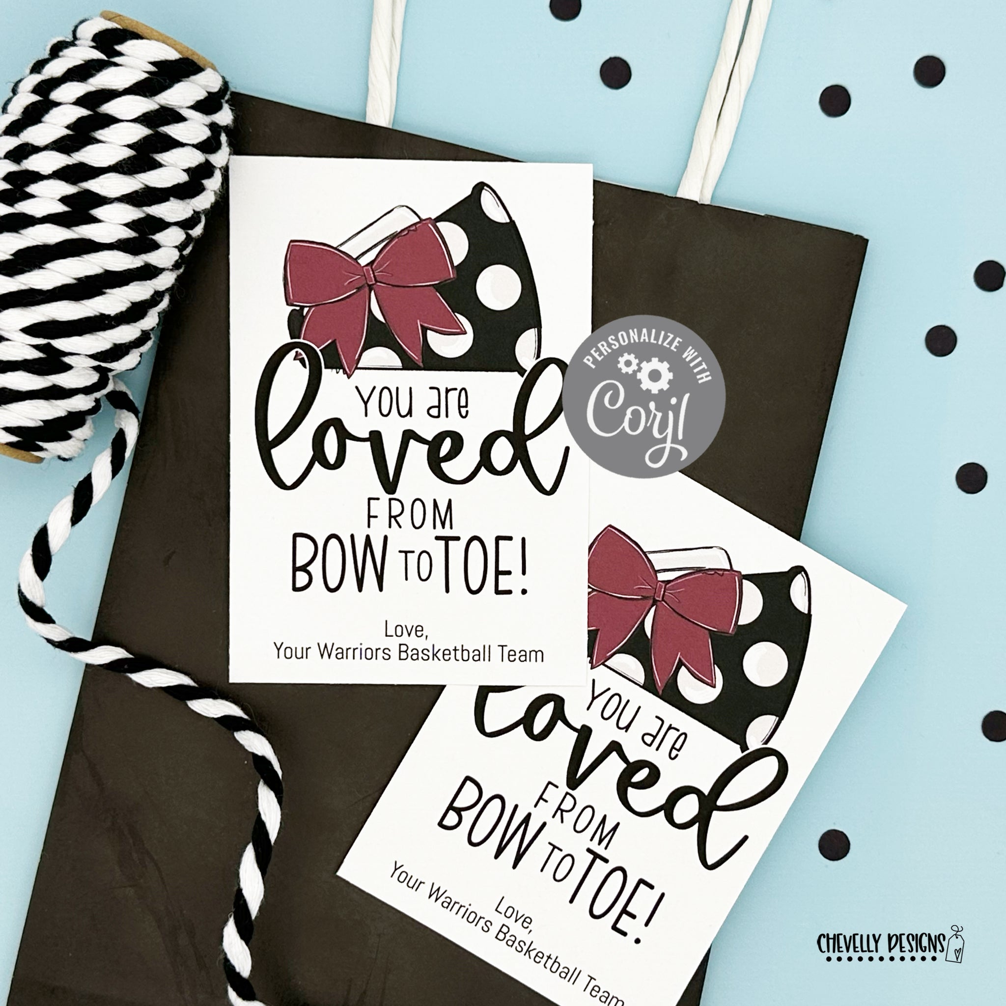 Editable - Gift Tags for Cheerleaders - Maroon, White, Black Cheer Bow ...