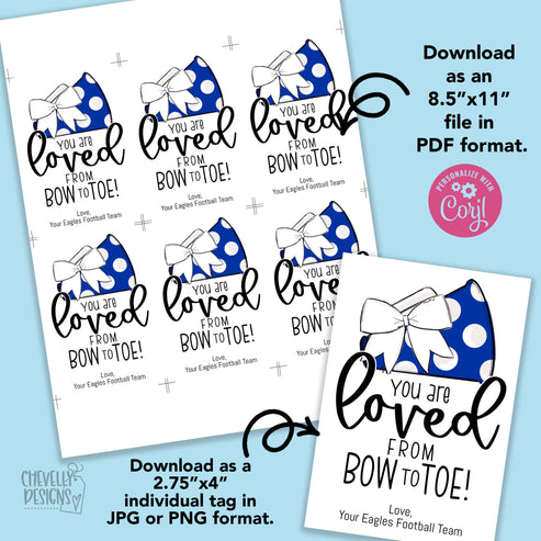 Editable - Gift Tags for Cheerleaders - White Cheer Bow Royal Blue Meg ...