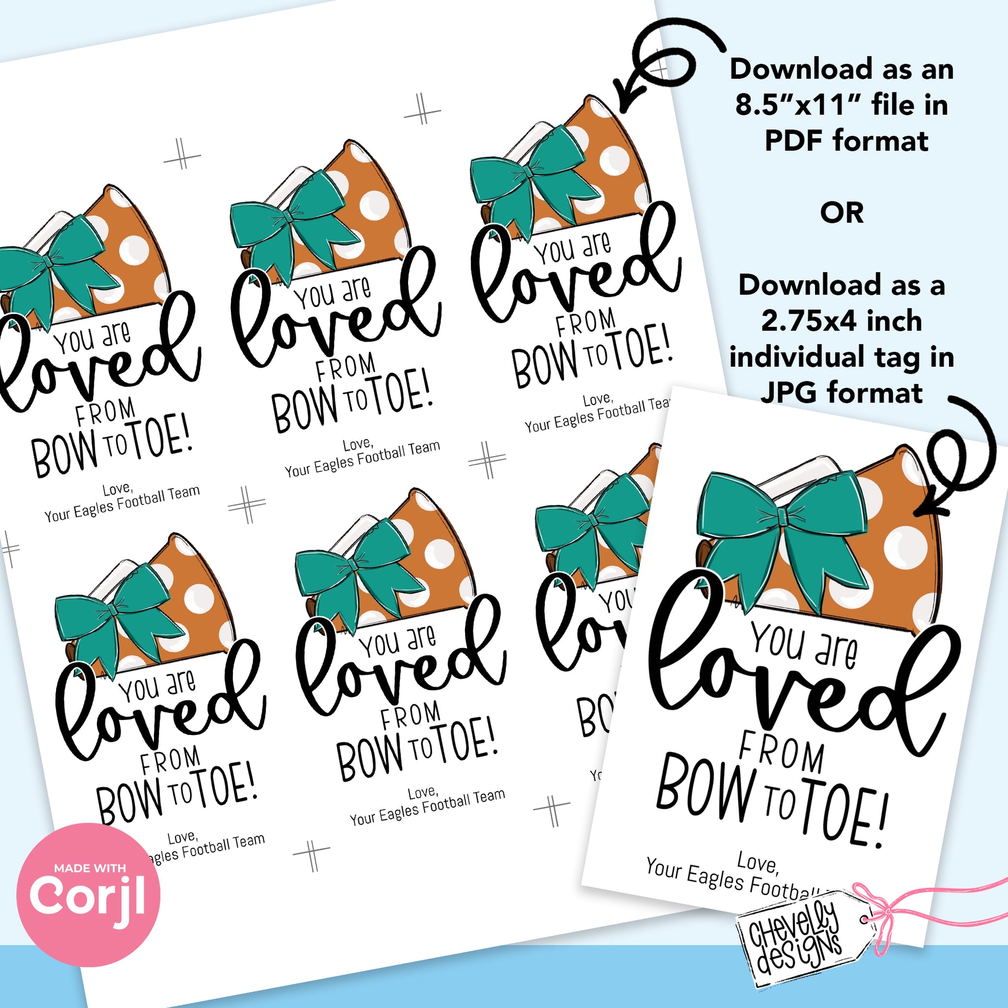 Editable Gift Tags for Cheerleaders Treats - Teal and Copper Cheer Bow ...