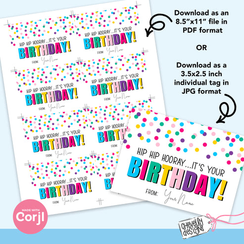 EDITABLE - Hip Hip Hooray, It's Your Birthday - Confetti Gift Tag - Pr ...