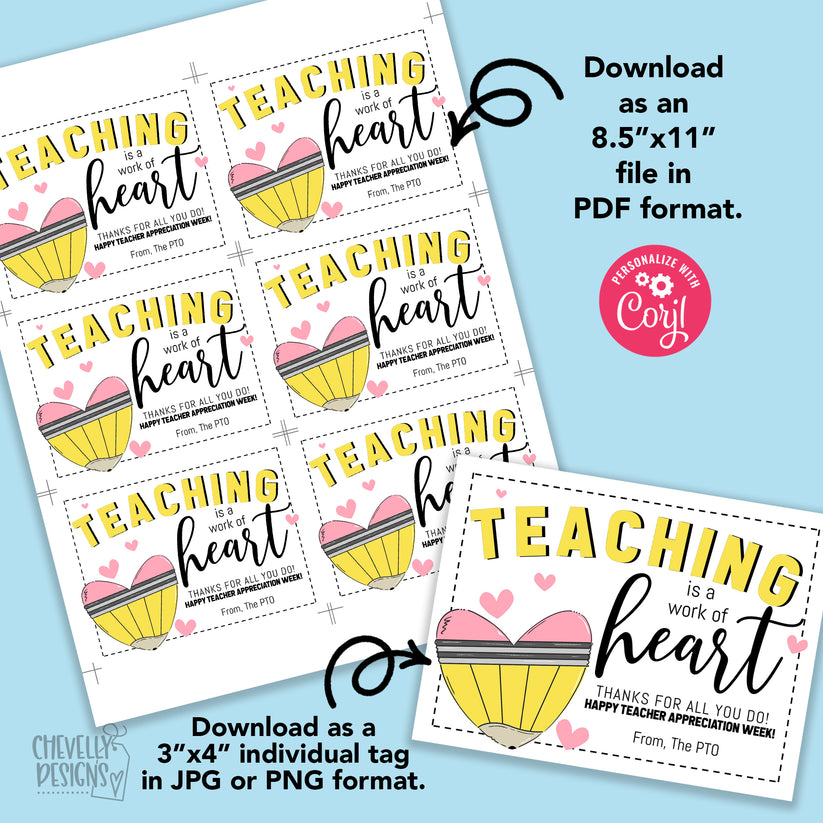 EDITABLE - Teaching is a Work of Heart - Teacher Appreciation Gift Tag ...