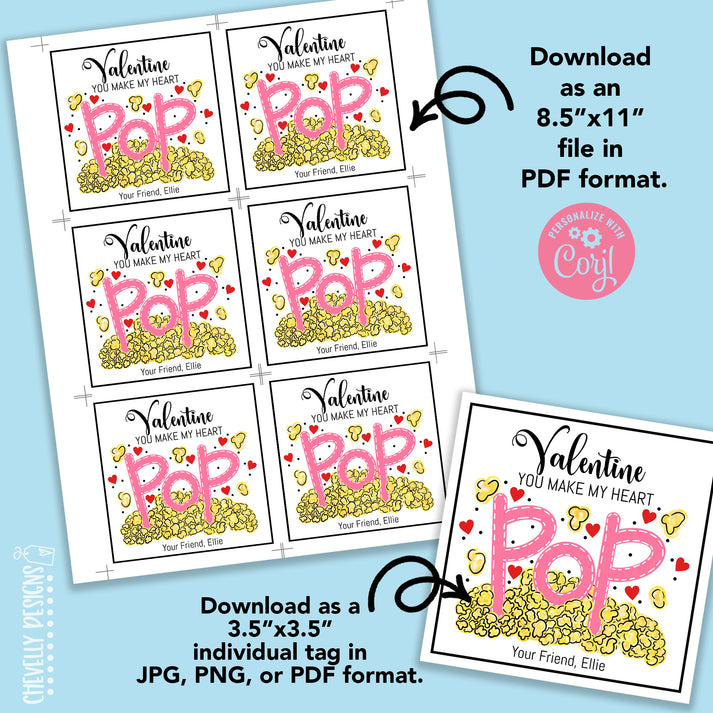 Editable - Valentine You Make My Heart Pop - Gift Tags for popcorn - P ...