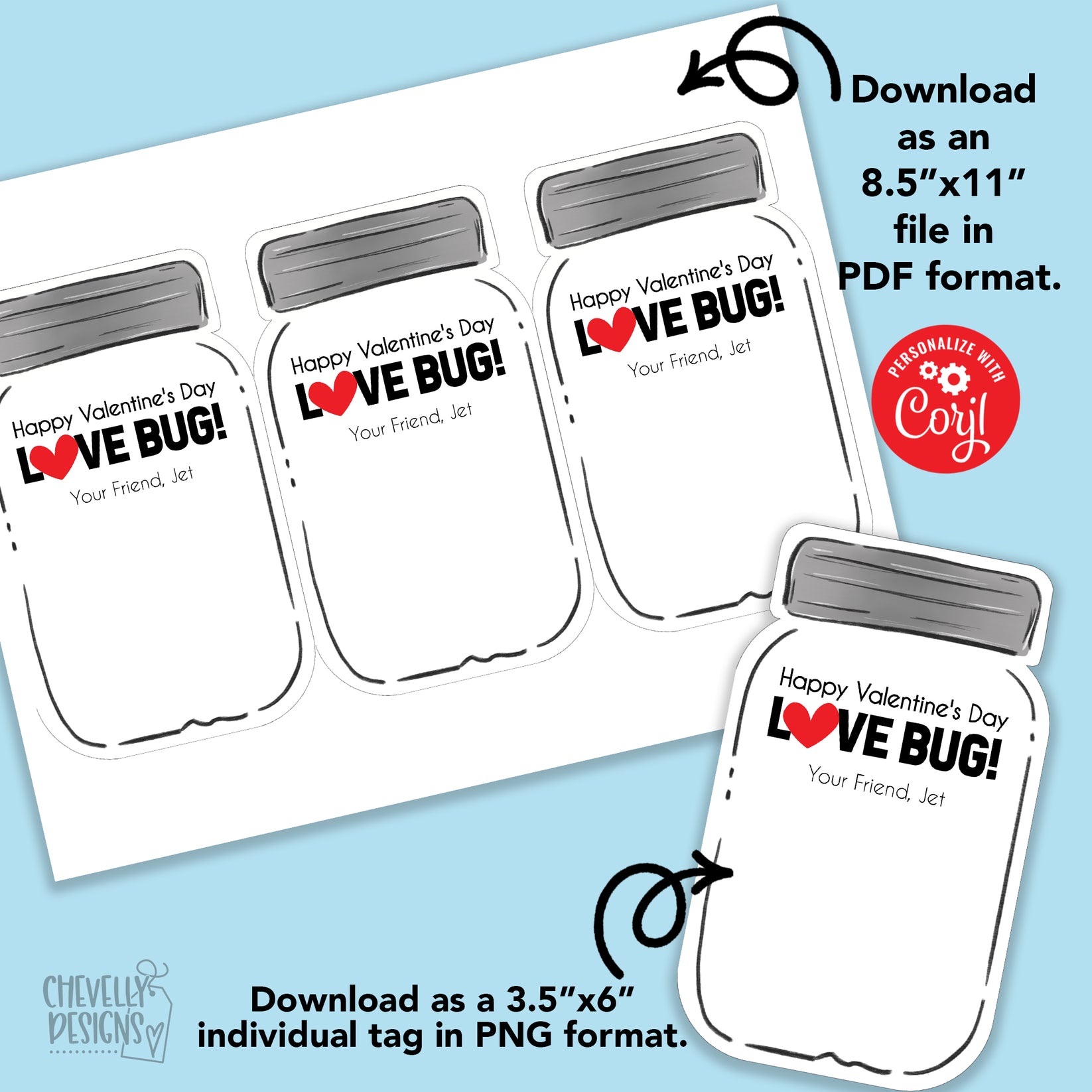 EDITABLE - Love Bug Valentine Mason Jar Printable - Class Valentine's ...