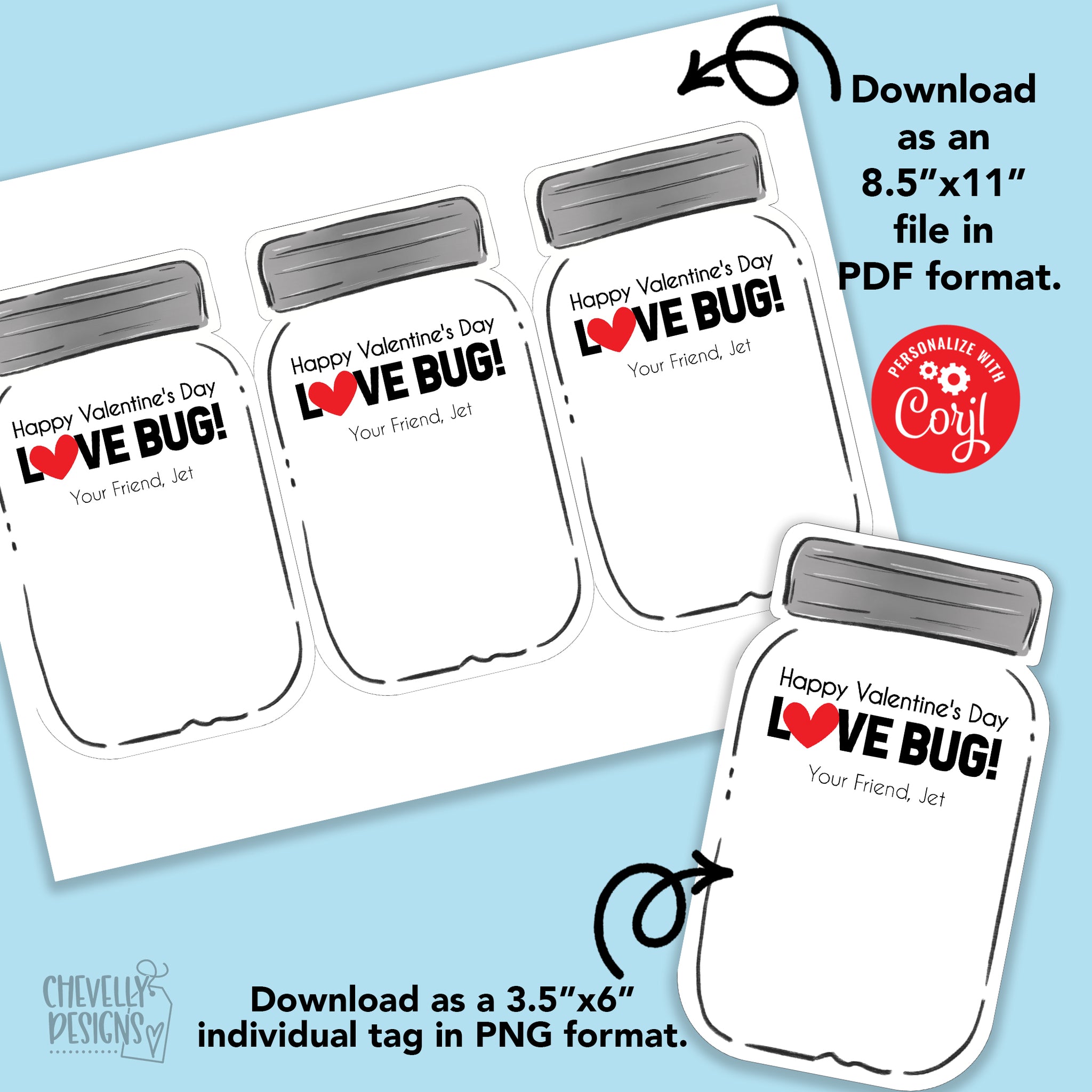 EDITABLE - Love Bug Valentine Mason Jar Printable - Class Valentine's ...