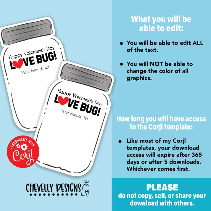 EDITABLE - Love Bug Valentine Mason Jar Printable - Class Valentine's ...