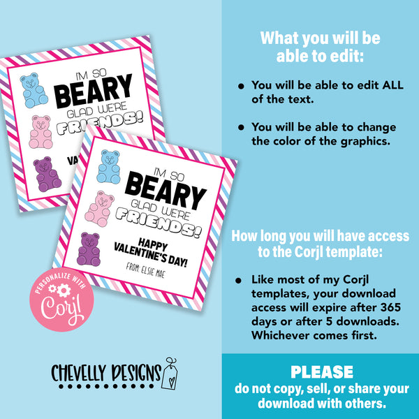EDITABLE - I'm so Beary Glad We're Friends - Printable Class Valentine ...