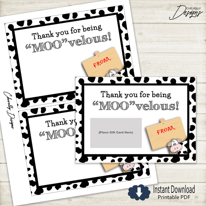 Cow Thank You Gift Card Printable - teacher, school staff, coworker ...